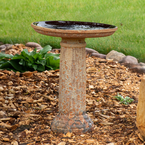 Lark Manor™ Ashik Freestanding Ceramic Outdoor Bird Bath with UV-Resistant Brown Lava Finish ...